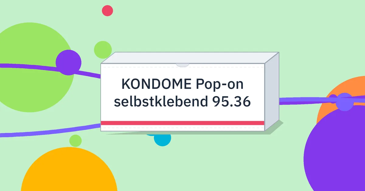 Symbolbild: Packung mit der Aufschrift KONDOME Pop-on selbstklebend 95.36 (PZN 07237314) – Verfügbarkeit und Bezug in Apotheken in Frankfurt am Main