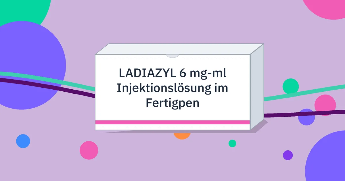 Symbolbild: Packung mit der Aufschrift LADIAZYL 6 mg-ml Injektionslösung im Fertigpen (PZN 19840760) – Verfügbarkeit und Bezug in Apotheken in Frankfurt am Main