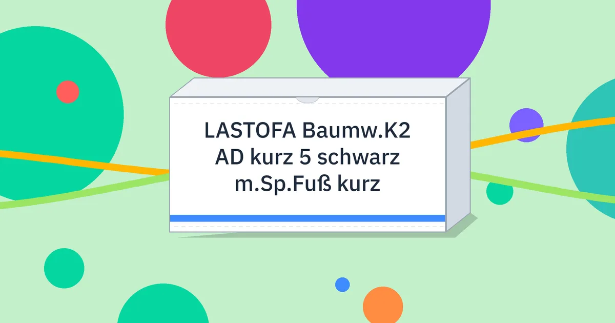 Symbolbild: Packung mit der Aufschrift LASTOFA Baumw.K2 AD kurz 5 schwarz m.Sp.Fuß kurz (PZN 01945607) – Verfügbarkeit und Bezug in Apotheken in Frankfurt am Main