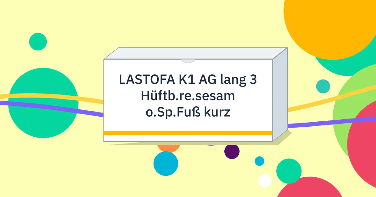 Symbolbild: Packung mit der Aufschrift LASTOFA K1 AG lang 3 Hüftb.re.sesam o.Sp.Fuß kurz (PZN 13798175) – Verfügbarkeit und Bezug in Apotheken in Frankfurt am Main