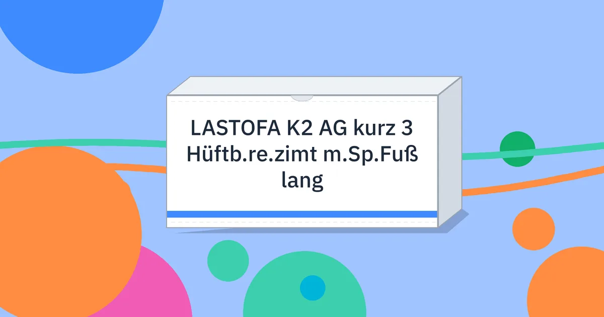 Symbolbild: Packung mit der Aufschrift LASTOFA K2 AG kurz 3 Hüftb.re.zimt m.Sp.Fuß lang (PZN 13811183) – Verfügbarkeit und Bezug in Apotheken in Frankfurt am Main