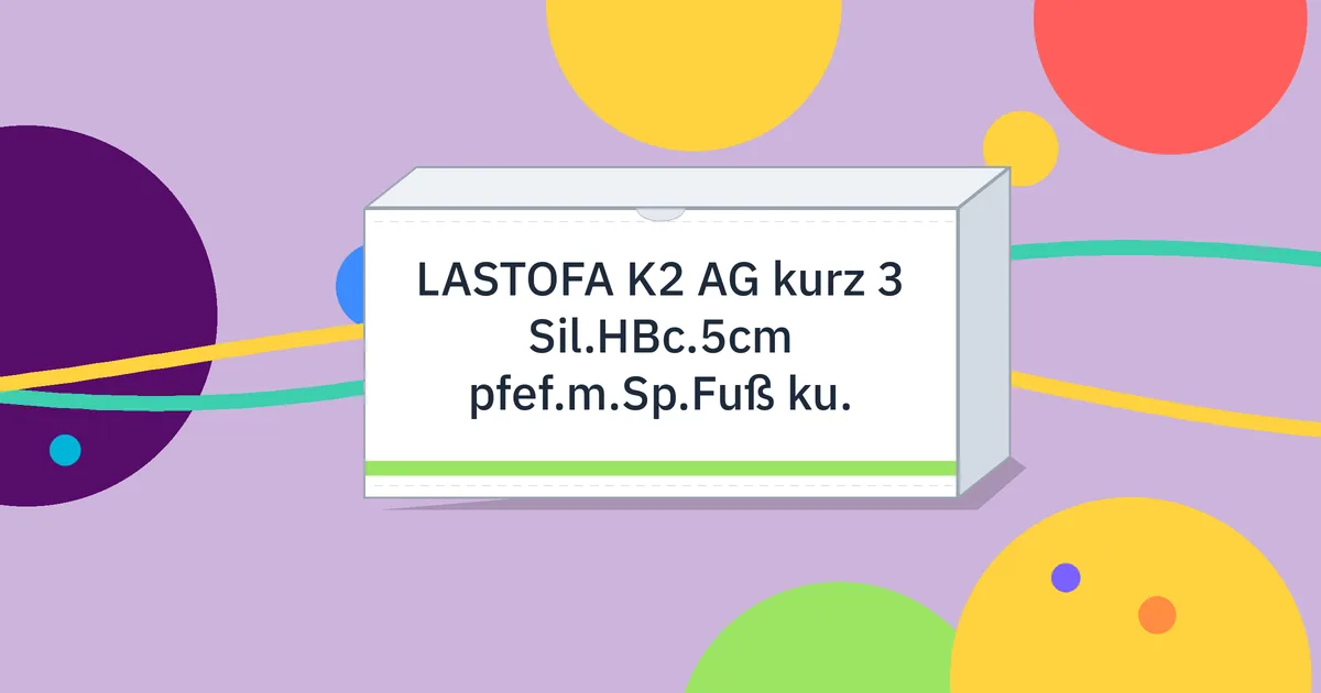 Symbolbild: Packung mit der Aufschrift LASTOFA K2 AG kurz 3 Sil.HBc.5cm pfef.m.Sp.Fuß ku. (PZN 13804786) – Verfügbarkeit und Bezug in Apotheken in Frankfurt am Main