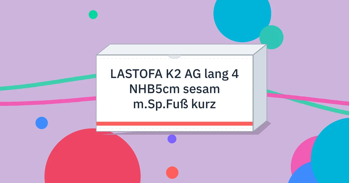 Symbolbild: Packung mit der Aufschrift LASTOFA K2 AG lang 4 NHB5cm sesam m.Sp.Fuß kurz (PZN 13805538) – Verfügbarkeit und Bezug in Apotheken in Frankfurt am Main