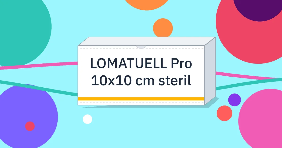 Symbolbild: Packung mit der Aufschrift LOMATUELL Pro 10x10 cm steril (PZN 19975678) – Verfügbarkeit und Bezug in Apotheken in Frankfurt am Main