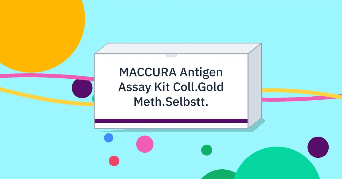 Symbolbild: Packung mit der Aufschrift MACCURA Antigen Assay Kit Coll.Gold Meth.Selbstt. (PZN 18250128) – Verfügbarkeit und Bezug in Apotheken in Frankfurt am Main