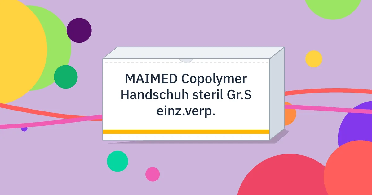 Symbolbild: Packung mit der Aufschrift MAIMED Copolymer Handschuh steril Gr.S einz.verp. (PZN 09522378) – Verfügbarkeit und Bezug in Apotheken in Frankfurt am Main