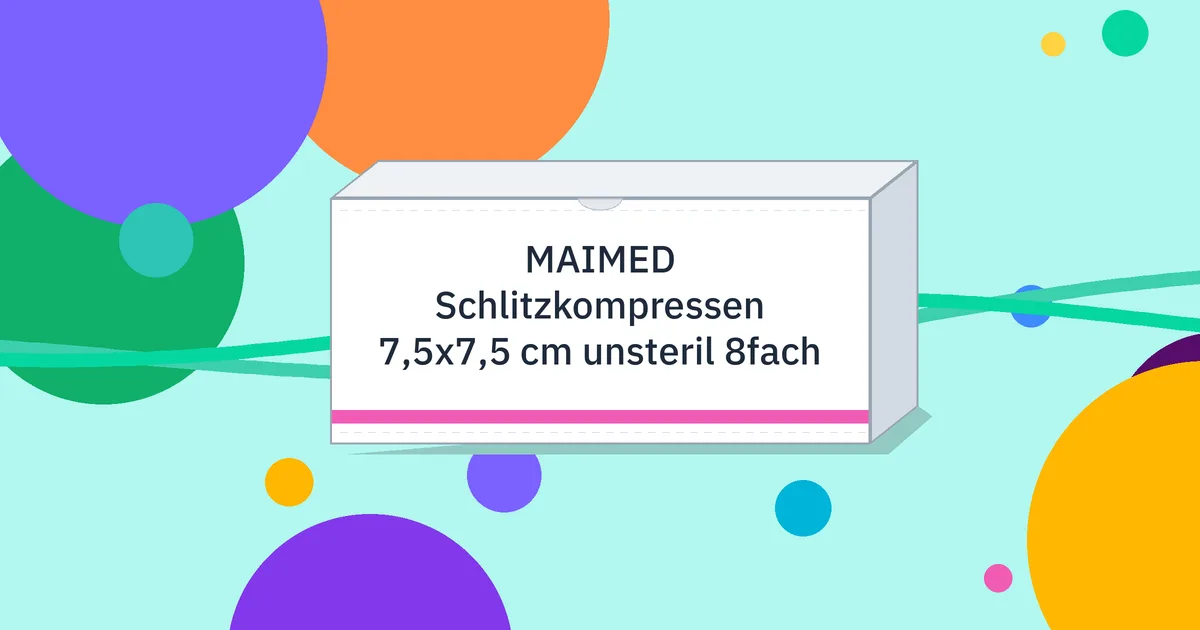Symbolbild: Packung mit der Aufschrift MAIMED Schlitzkompressen 7,5x7,5 cm unsteril 8fach (PZN 02299894) – Verfügbarkeit und Bezug in Apotheken in Frankfurt am Main