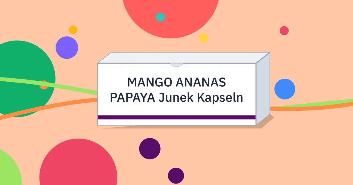 Symbolbild: Packung mit der Aufschrift MANGO ANANAS PAPAYA Junek Kapseln (PZN 03497165) – Verfügbarkeit und Bezug in Apotheken in Frankfurt am Main