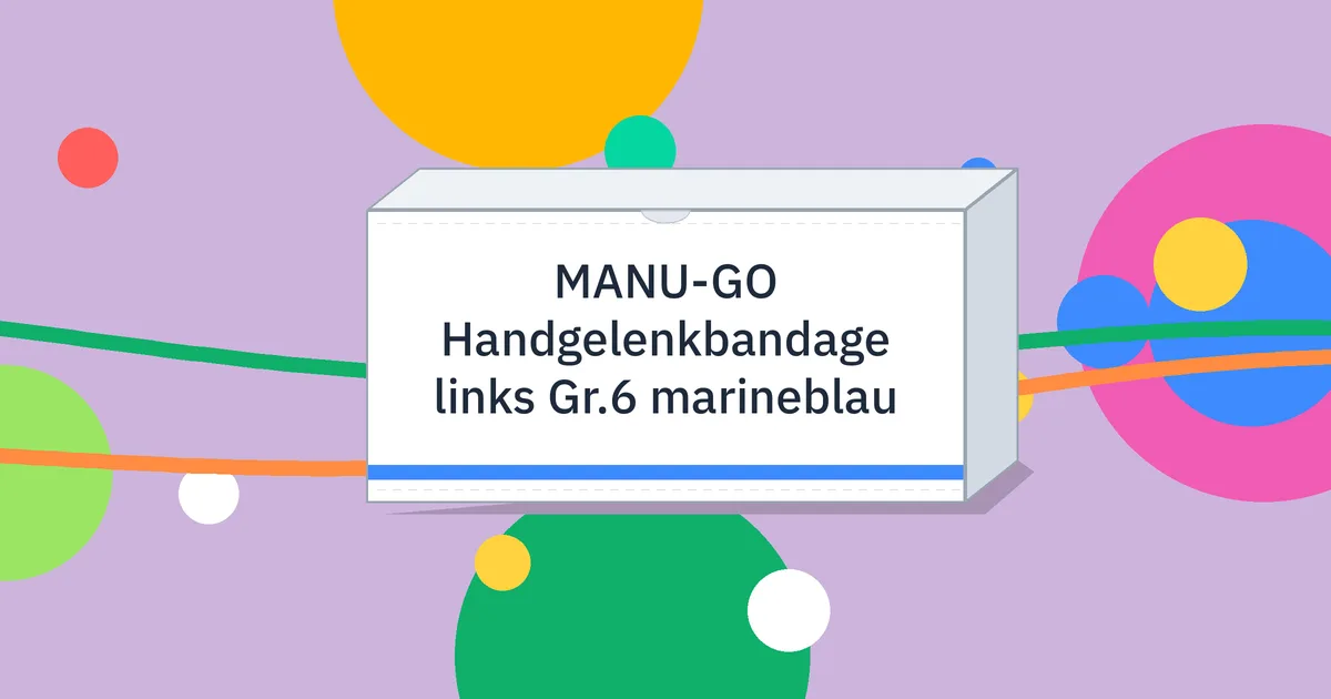 Symbolbild: Packung mit der Aufschrift MANU-GO Handgelenkbandage links Gr.6 marineblau (PZN 19742678) – Verfügbarkeit und Bezug in Apotheken in Frankfurt am Main