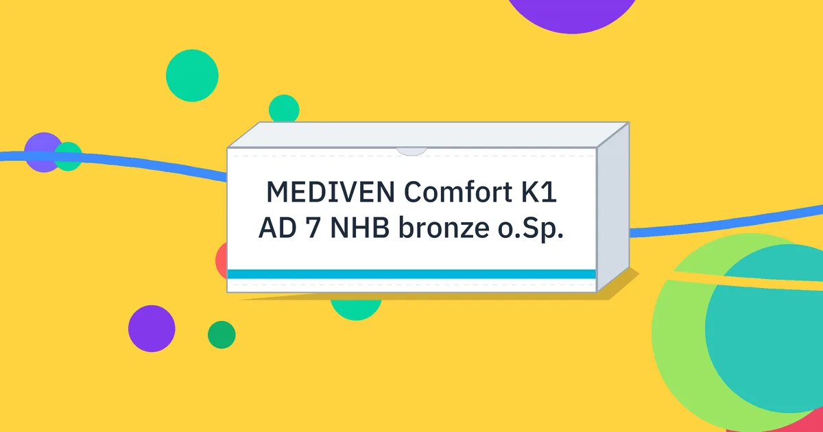 Symbolbild: Packung mit der Aufschrift MEDIVEN Comfort K1 AD 7 NHB bronze o.Sp. (PZN 14560435) – Verfügbarkeit und Bezug in Apotheken in Frankfurt am Main