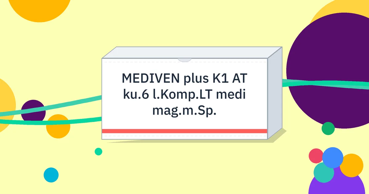 Symbolbild: Packung mit der Aufschrift MEDIVEN plus K1 AT ku.6 l.Komp.LT medi mag.m.Sp. (PZN 15029535) – Verfügbarkeit und Bezug in Apotheken in Frankfurt am Main