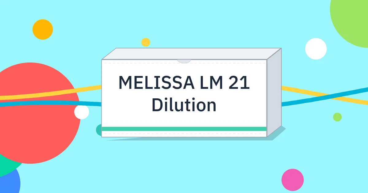 Symbolbild: Packung mit der Aufschrift MELISSA LM 21 Dilution (PZN 12947472) – Verfügbarkeit und Bezug in Apotheken in Frankfurt am Main