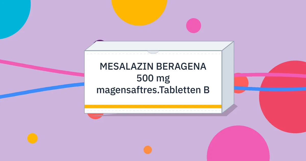 Symbolbild: Packung mit der Aufschrift MESALAZIN BERAGENA 500 mg magensaftres.Tabletten B (PZN 11539392) – Verfügbarkeit und Bezug in Apotheken in Frankfurt am Main
