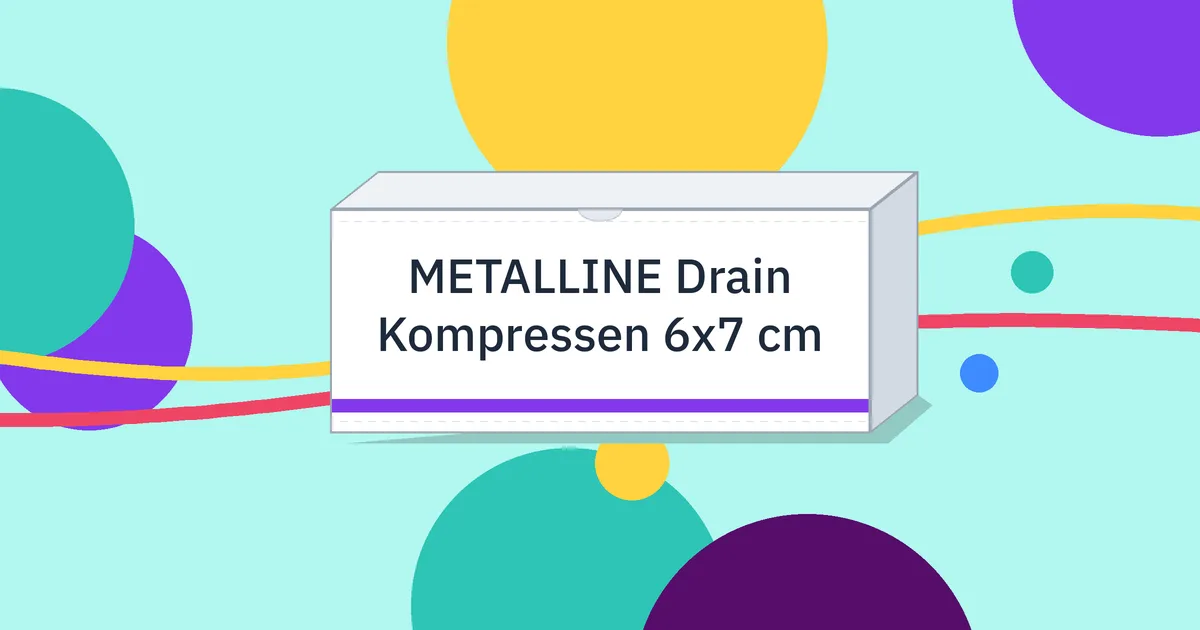 Symbolbild: Packung mit der Aufschrift METALLINE Drain Kompressen 6x7 cm (PZN 17859991) – Verfügbarkeit und Bezug in Apotheken in Frankfurt am Main
