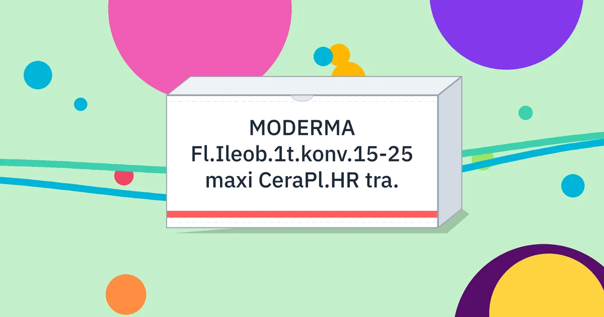 Symbolbild: Packung mit der Aufschrift MODERMA Fl.Ileob.1t.konv.15-25 maxi CeraPl.HR tra. (PZN 18182355) – Verfügbarkeit und Bezug in Apotheken in Frankfurt am Main