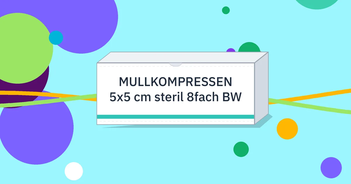 Symbolbild: Packung mit der Aufschrift MULLKOMPRESSEN 5x5 cm steril 8fach BW (PZN 07453584) – Verfügbarkeit und Bezug in Apotheken in Frankfurt am Main
