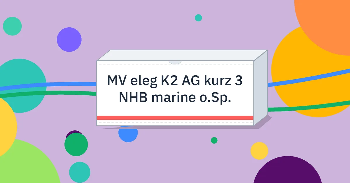 Symbolbild: Packung mit der Aufschrift MV eleg K2 AG kurz 3 NHB marine o.Sp. (PZN 15717028) – Verfügbarkeit und Bezug in Apotheken in Frankfurt am Main