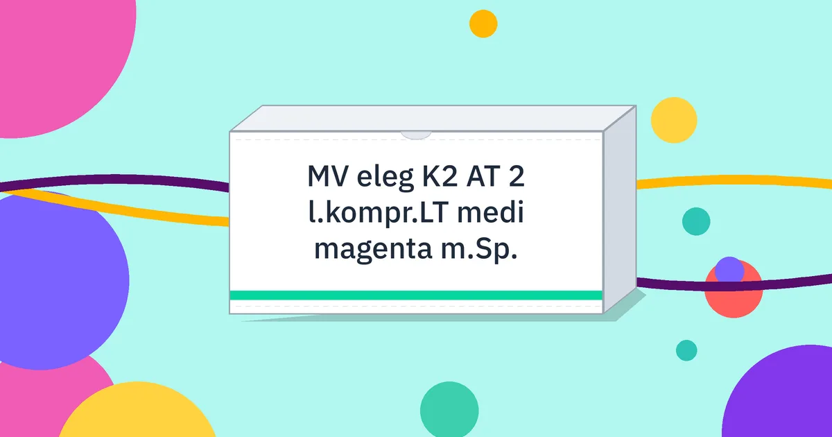 Symbolbild: Packung mit der Aufschrift MV eleg K2 AT 2 l.kompr.LT medi magenta m.Sp. (PZN 15285600) – Verfügbarkeit und Bezug in Apotheken in Frankfurt am Main