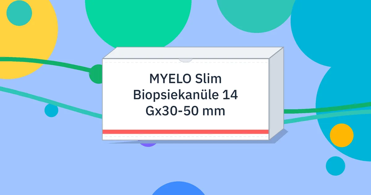 Symbolbild: Packung mit der Aufschrift MYELO Slim Biopsiekanüle 14 Gx30-50 mm (PZN 18794213) – Verfügbarkeit und Bezug in Apotheken in Frankfurt am Main