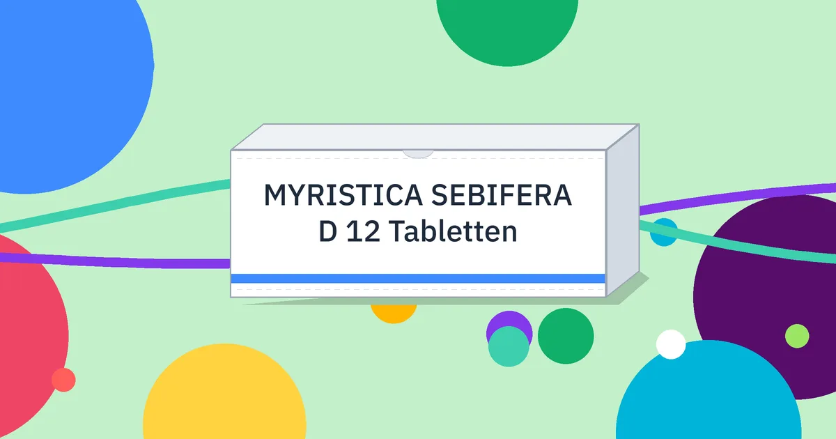 Symbolbild: Packung mit der Aufschrift MYRISTICA SEBIFERA D 12 Tabletten (PZN 04228243) – Verfügbarkeit und Bezug in Apotheken in Frankfurt am Main