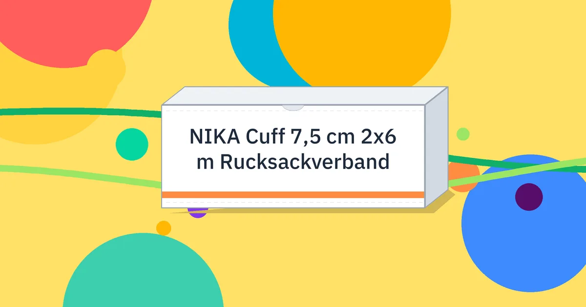 Symbolbild: Packung mit der Aufschrift NIKA Cuff 7,5 cm 2x6 m Rucksackverband (PZN 18172084) – Verfügbarkeit und Bezug in Apotheken in Frankfurt am Main
