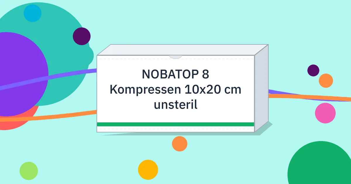 Symbolbild: Packung mit der Aufschrift NOBATOP 8 Kompressen 10x20 cm unsteril (PZN 05508683) – Verfügbarkeit und Bezug in Apotheken in Frankfurt am Main