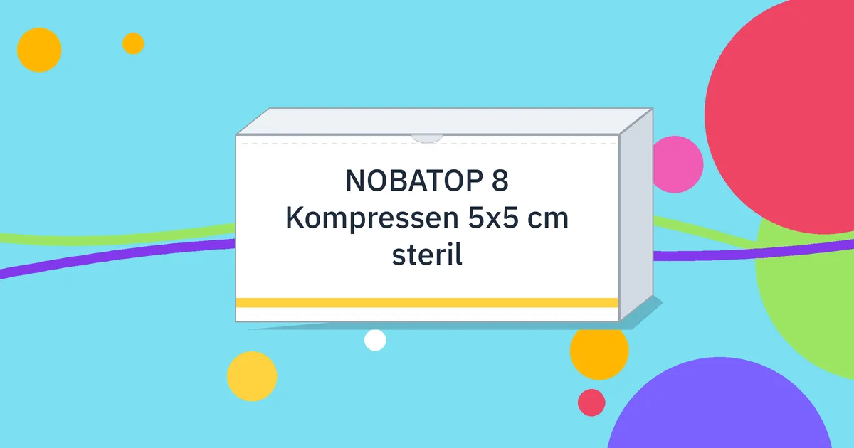 Symbolbild: Packung mit der Aufschrift NOBATOP 8 Kompressen 5x5 cm steril (PZN 05508559) – Verfügbarkeit und Bezug in Apotheken in Frankfurt am Main