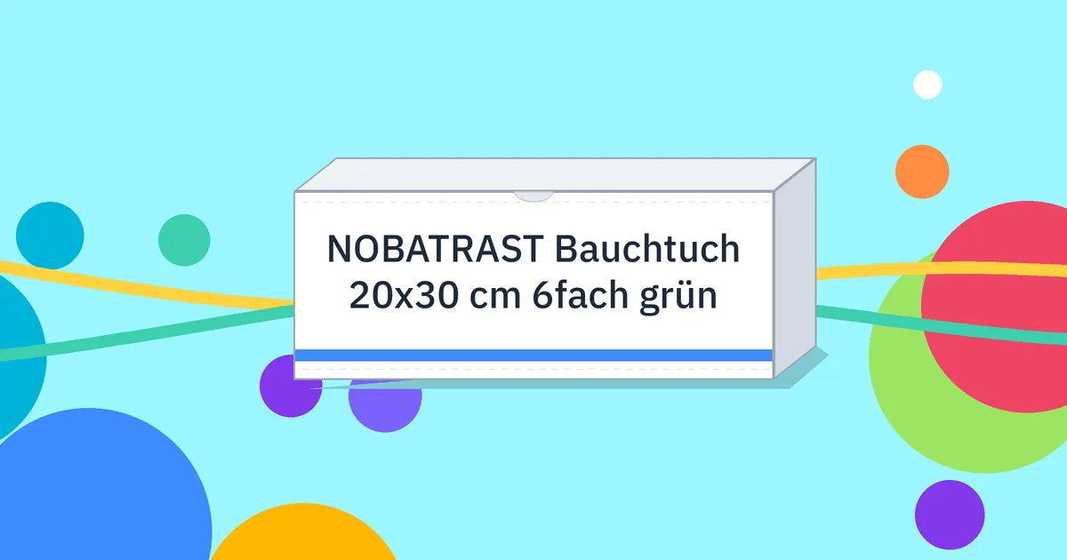 Symbolbild: Packung mit der Aufschrift NOBATRAST Bauchtuch 20x30 cm 6fach grün (PZN 08405498) – Verfügbarkeit und Bezug in Apotheken in Frankfurt am Main