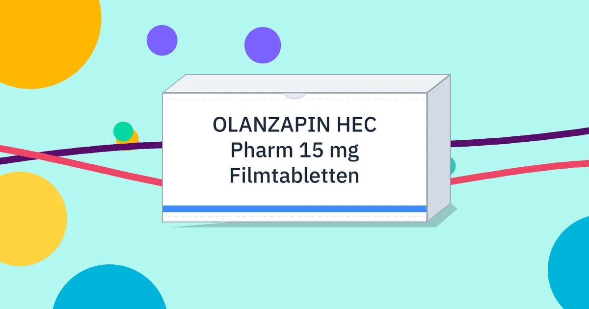 Symbolbild: Packung mit der Aufschrift OLANZAPIN HEC Pharm 15 mg Filmtabletten (PZN 11882983) – Verfügbarkeit und Bezug in Apotheken in Frankfurt am Main
