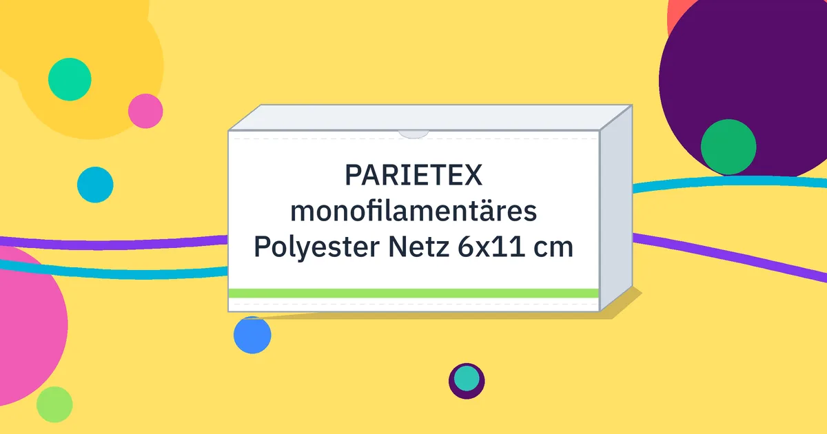 Symbolbild: Packung mit der Aufschrift PARIETEX monofilamentäres Polyester Netz 6x11 cm (PZN 07602860) – Verfügbarkeit und Bezug in Apotheken in Frankfurt am Main