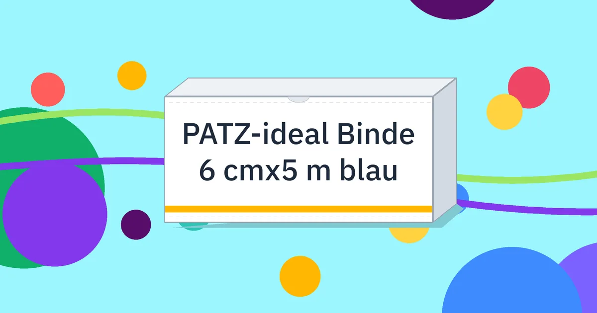Symbolbild: Packung mit der Aufschrift PATZ-ideal Binde 6 cmx5 m blau (PZN 06813891) – Verfügbarkeit und Bezug in Apotheken in Frankfurt am Main