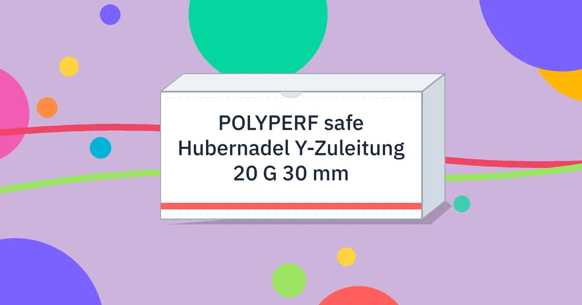 Symbolbild: Packung mit der Aufschrift POLYPERF safe Hubernadel Y-Zuleitung 20 G 30 mm (PZN 18114112) – Verfügbarkeit und Bezug in Apotheken in Frankfurt am Main