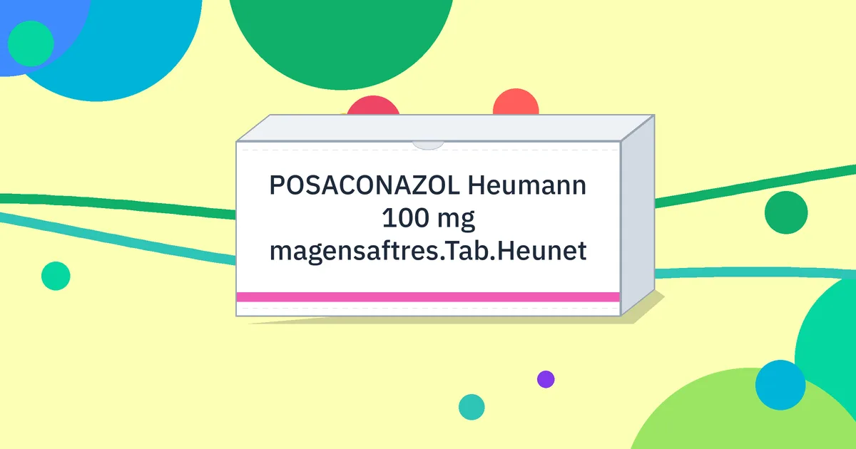 Symbolbild: Packung mit der Aufschrift POSACONAZOL Heumann 100 mg magensaftres.Tab.Heunet (PZN 18041790) – Verfügbarkeit und Bezug in Apotheken in Frankfurt am Main