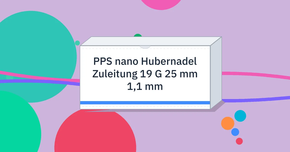 Symbolbild: Packung mit der Aufschrift PPS nano Hubernadel Zuleitung 19 G 25 mm 1,1 mm (PZN 18195205) – Verfügbarkeit und Bezug in Apotheken in Frankfurt am Main