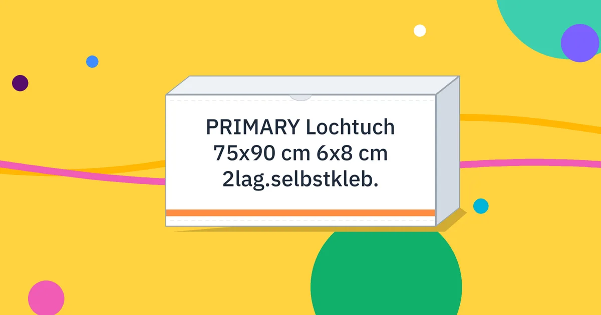 Symbolbild: Packung mit der Aufschrift PRIMARY Lochtuch 75x90 cm 6x8 cm 2lag.selbstkleb. (PZN 20393303) – Verfügbarkeit und Bezug in Apotheken in Frankfurt am Main