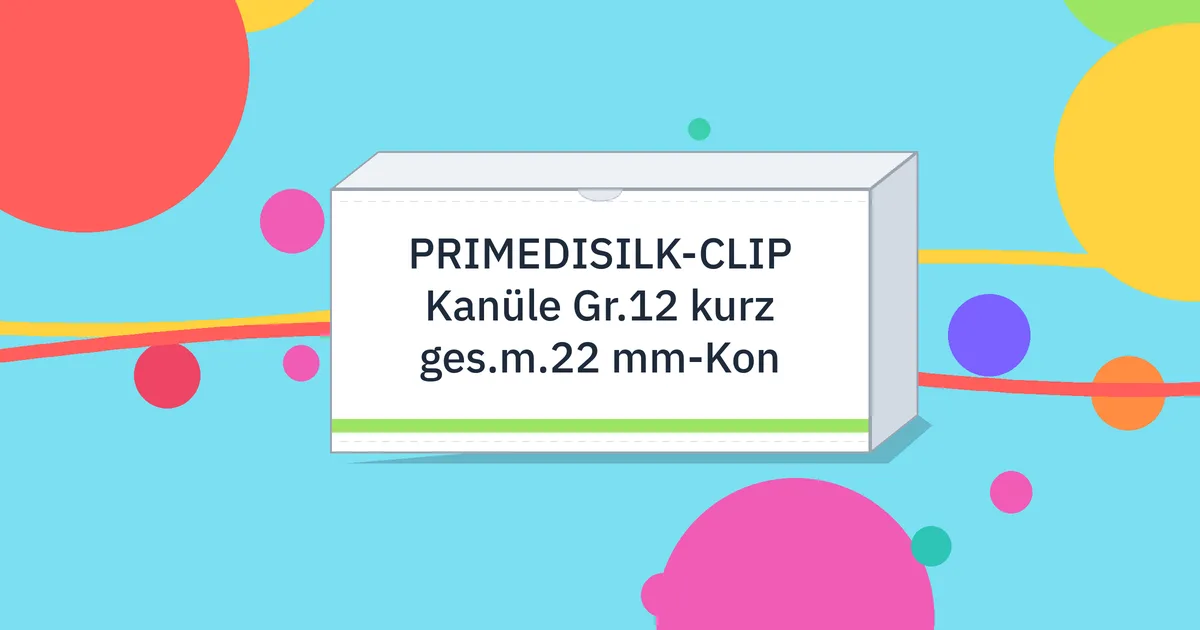 Symbolbild: Packung mit der Aufschrift PRIMEDISILK-CLIP Kanüle Gr.12 kurz ges.m.22 mm-Kon (PZN 10780795) – Verfügbarkeit und Bezug in Apotheken in Frankfurt am Main