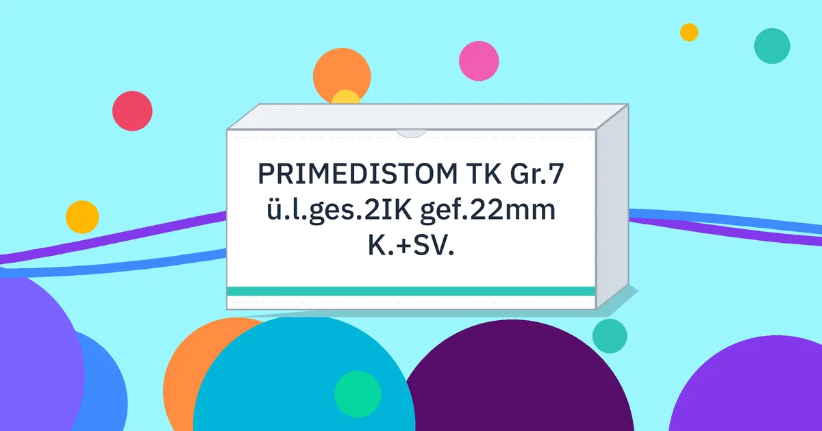 Symbolbild: Packung mit der Aufschrift PRIMEDISTOM TK Gr.7 ü.l.ges.2IK gef.22mm K.+SV. (PZN 10928565) – Verfügbarkeit und Bezug in Apotheken in Frankfurt am Main