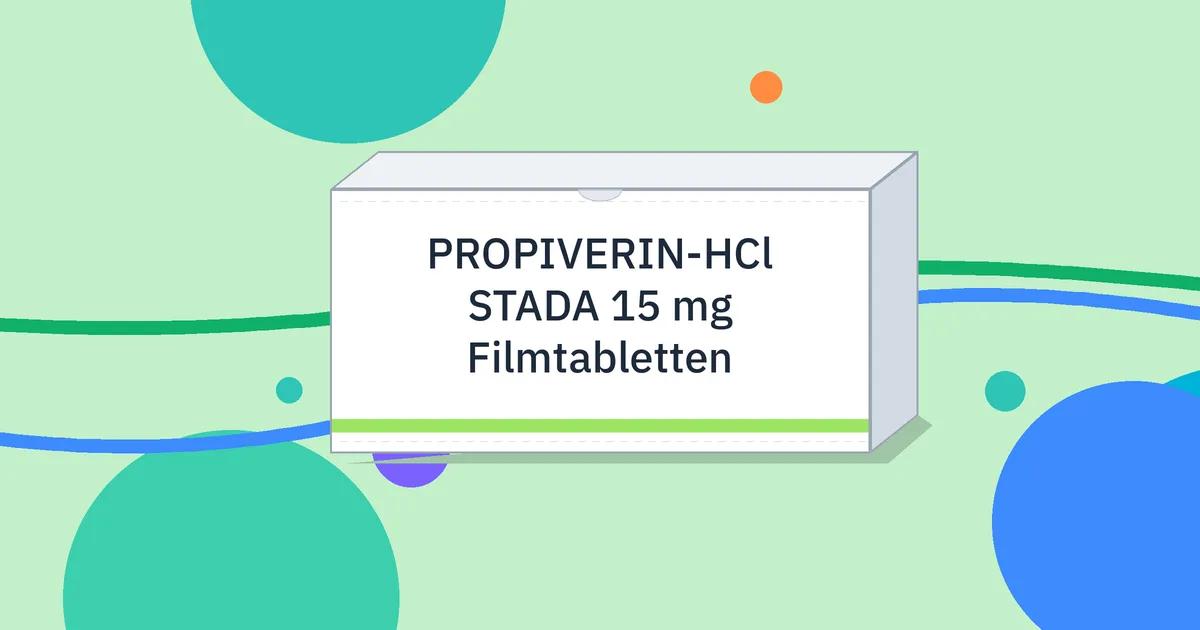 Symbolbild: Packung mit der Aufschrift PROPIVERIN-HCl STADA 15 mg Filmtabletten (PZN 05542556) – Verfügbarkeit und Bezug in Apotheken in Frankfurt am Main