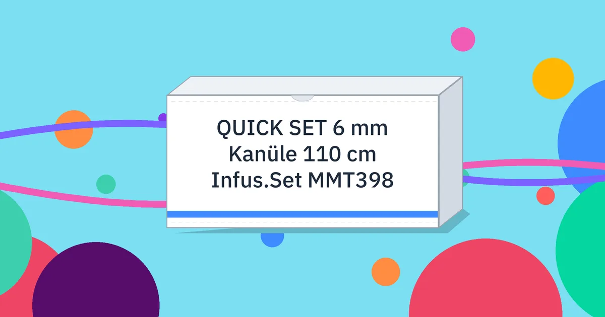 Symbolbild: Packung mit der Aufschrift QUICK SET 6 mm Kanüle 110 cm Infus.Set MMT398 (PZN 14201162) – Verfügbarkeit und Bezug in Apotheken in Frankfurt am Main