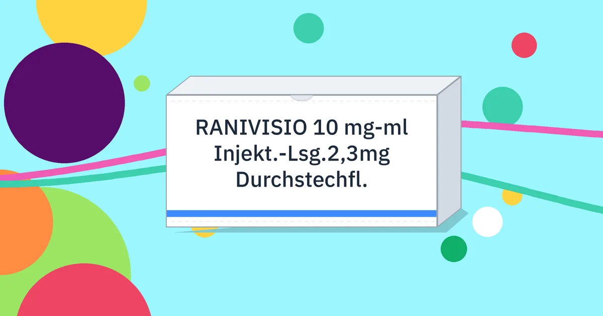 Symbolbild: Packung mit der Aufschrift RANIVISIO 10 mg-ml Injekt.-Lsg.2,3mg Durchstechfl. (PZN 18772594) – Verfügbarkeit und Bezug in Apotheken in Frankfurt am Main