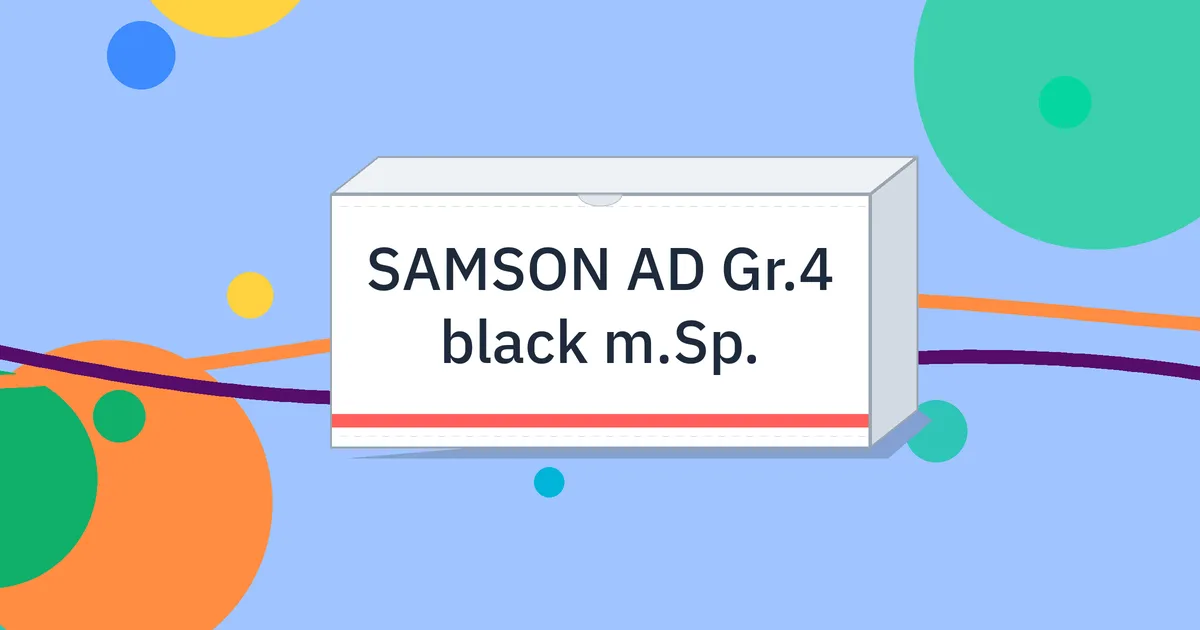 Symbolbild: Packung mit der Aufschrift SAMSON AD Gr.4 black m.Sp. (PZN 14248821) – Verfügbarkeit und Bezug in Apotheken in Frankfurt am Main