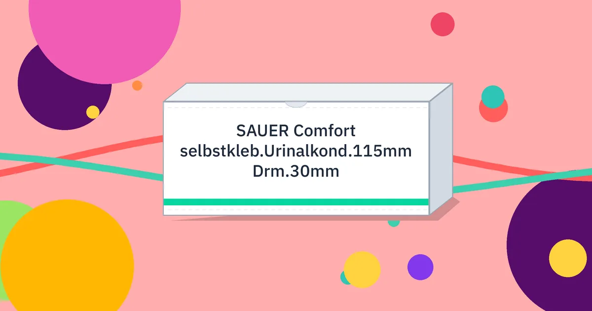 Symbolbild: Packung mit der Aufschrift SAUER Comfort selbstkleb.Urinalkond.115mm Drm.30mm (PZN 00464366) – Verfügbarkeit und Bezug in Apotheken in Frankfurt am Main