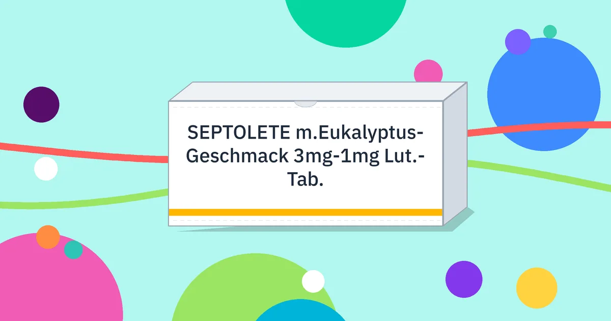 Symbolbild: Packung mit der Aufschrift SEPTOLETE m.Eukalyptus-Geschmack 3mg-1mg Lut.-Tab. (PZN 16885213) – Verfügbarkeit und Bezug in Apotheken in Frankfurt am Main