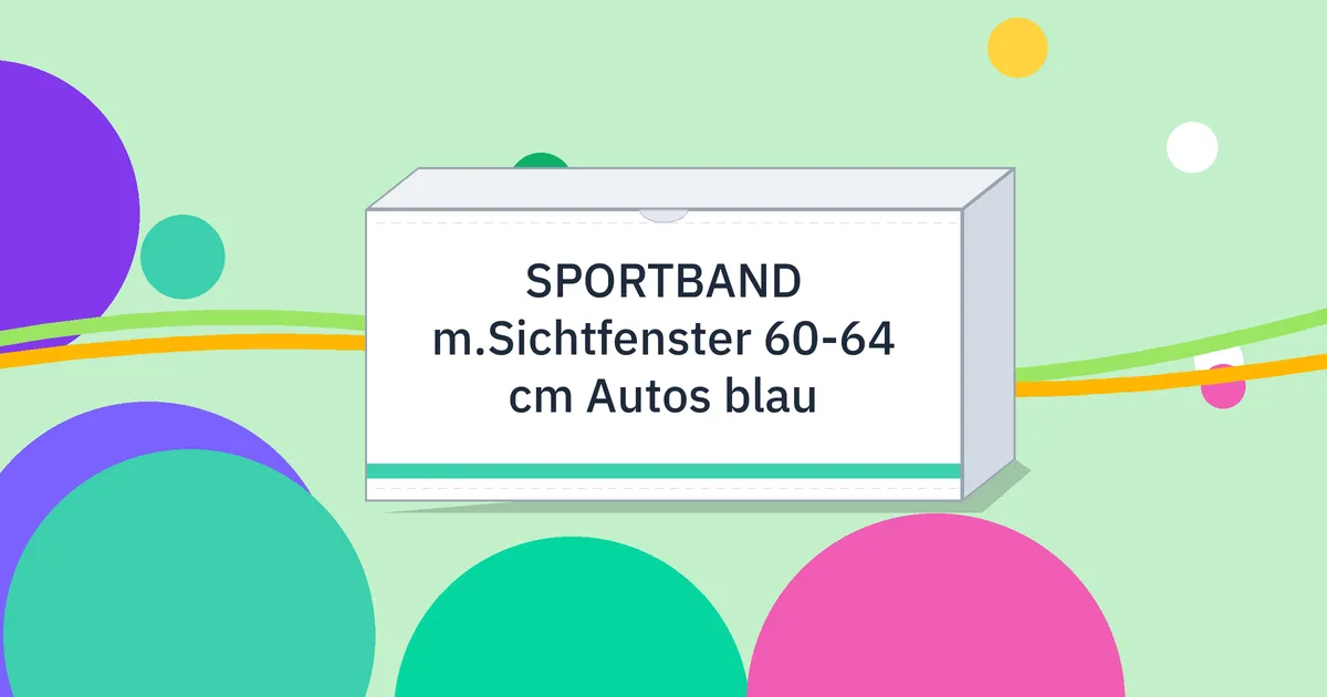 Symbolbild: Packung mit der Aufschrift SPORTBAND m.Sichtfenster 60-64 cm Autos blau (PZN 13916031) – Verfügbarkeit und Bezug in Apotheken in Frankfurt am Main