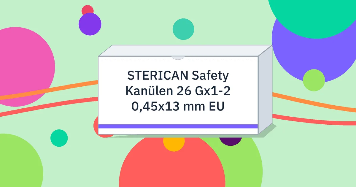 Symbolbild: Packung mit der Aufschrift STERICAN Safety Kanülen 26 Gx1-2 0,45x13 mm EU (PZN 13353740) – Verfügbarkeit und Bezug in Apotheken in Frankfurt am Main
