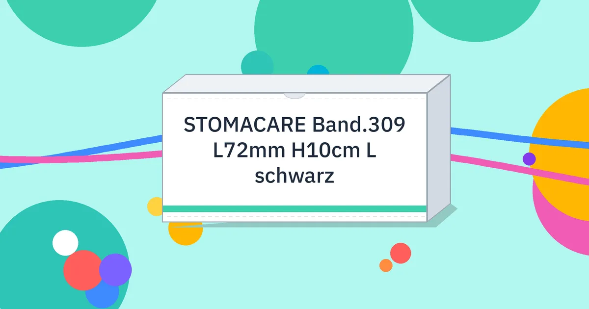 Symbolbild: Packung mit der Aufschrift STOMACARE Band.309 L72mm H10cm L schwarz (PZN 10841404) – Verfügbarkeit und Bezug in Apotheken in Frankfurt am Main