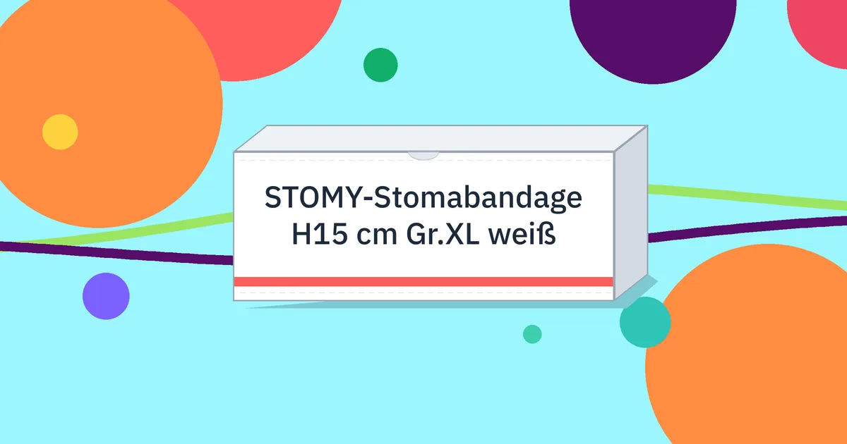 Symbolbild: Packung mit der Aufschrift STOMY-Stomabandage H15 cm Gr.XL weiß (PZN 16314781) – Verfügbarkeit und Bezug in Apotheken in Frankfurt am Main