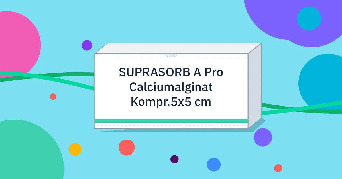 Symbolbild: Packung mit der Aufschrift SUPRASORB A Pro Calciumalginat Kompr.5x5 cm (PZN 19420590) – Verfügbarkeit und Bezug in Apotheken in Frankfurt am Main