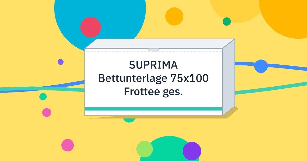 Symbolbild: Packung mit der Aufschrift SUPRIMA Bettunterlage 75x100 Frottee ges. (PZN 03812810) – Verfügbarkeit und Bezug in Apotheken in Frankfurt am Main