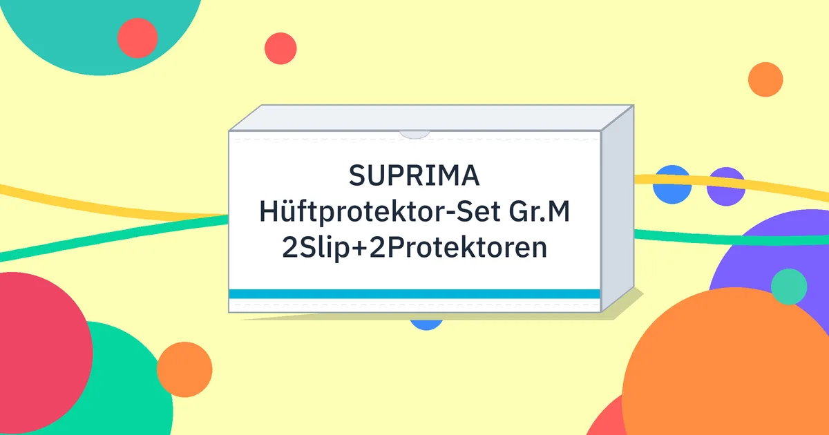 Symbolbild: Packung mit der Aufschrift SUPRIMA Hüftprotektor-Set Gr.M 2Slip+2Protektoren (PZN 09784368) – Verfügbarkeit und Bezug in Apotheken in Frankfurt am Main